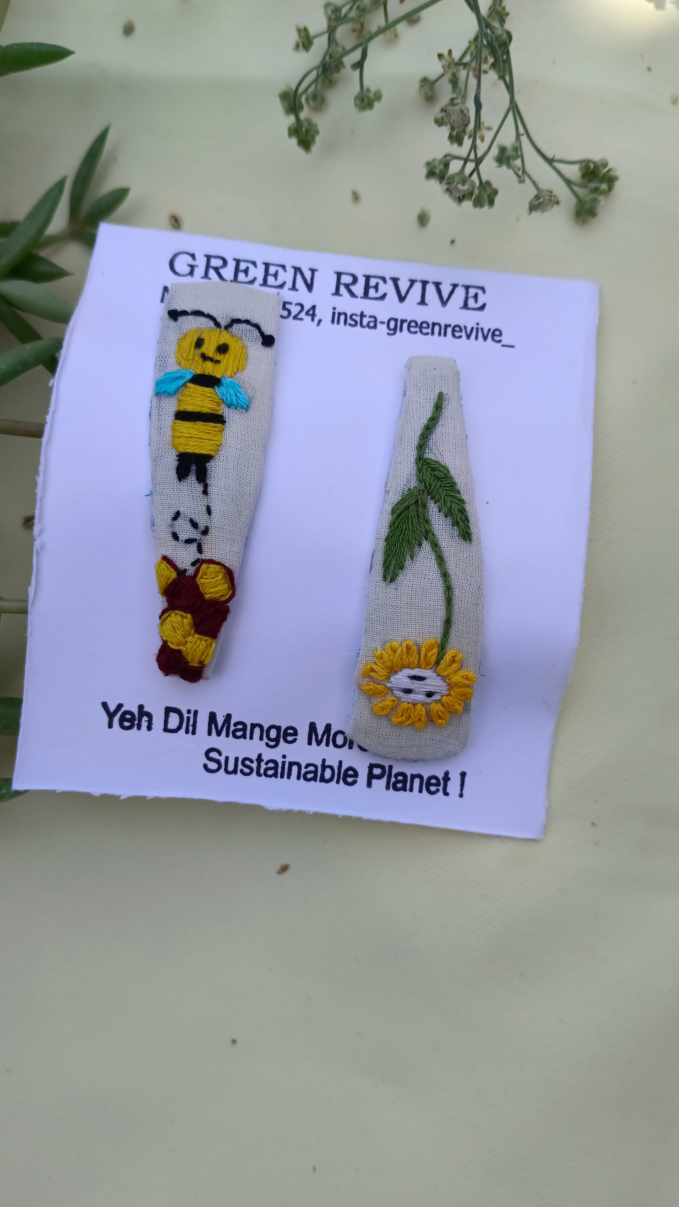 🐝 Buzz & Bloom – Upcycled Embroidered Hair Clips – Green Revive